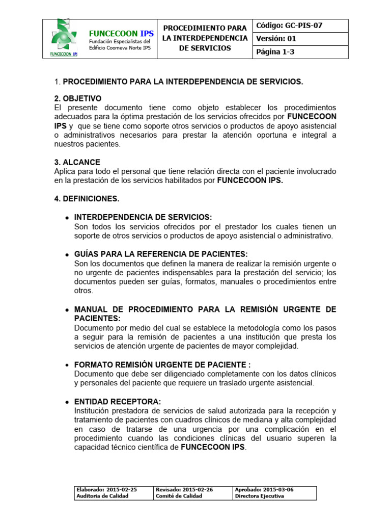 PROCEDIMIENTO PARA LA INTERDEPENDENCIA DE SERVICIOS | PDF