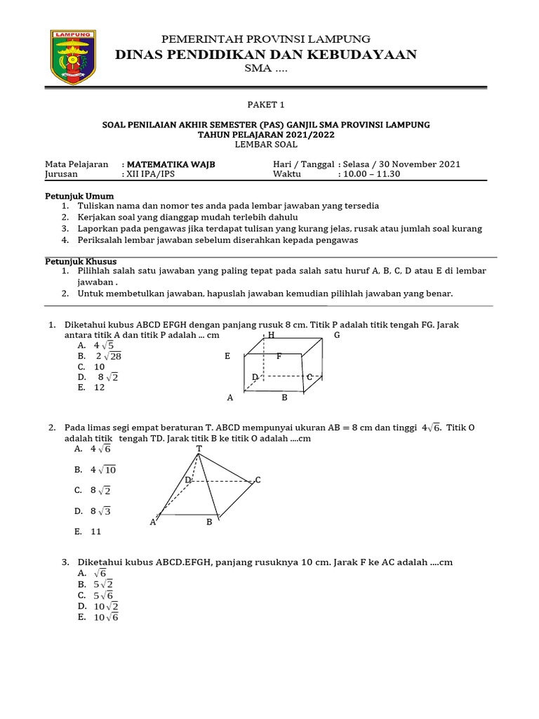 Matematika Wajib - Kelas Xii - Paket 1 - Pas Ganjil 2021 | PDF