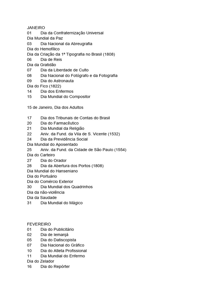 Datas comemorativas | Download grátis PDF | Brasil