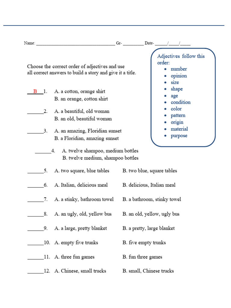 Grade 5 Ordering Adjectives A | PDF
