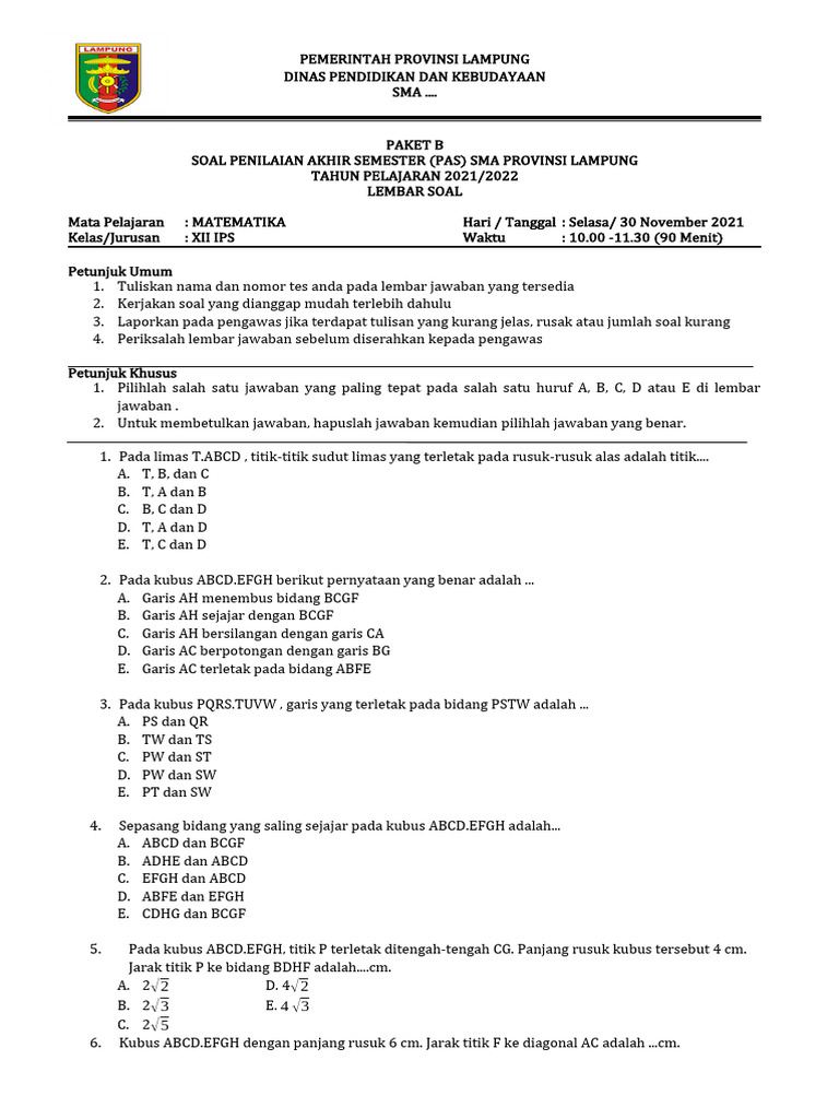 Soal - Matematika Wajib - XII IPS - B - PAS Ganjil 2021 | PDF