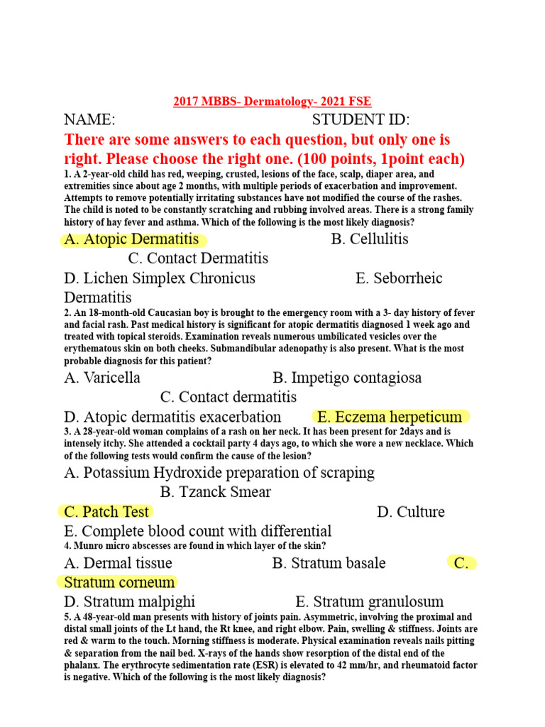 2017 Mbbs - Dermatology-2021FSE | PDF | Dermatitis | Integumentary System