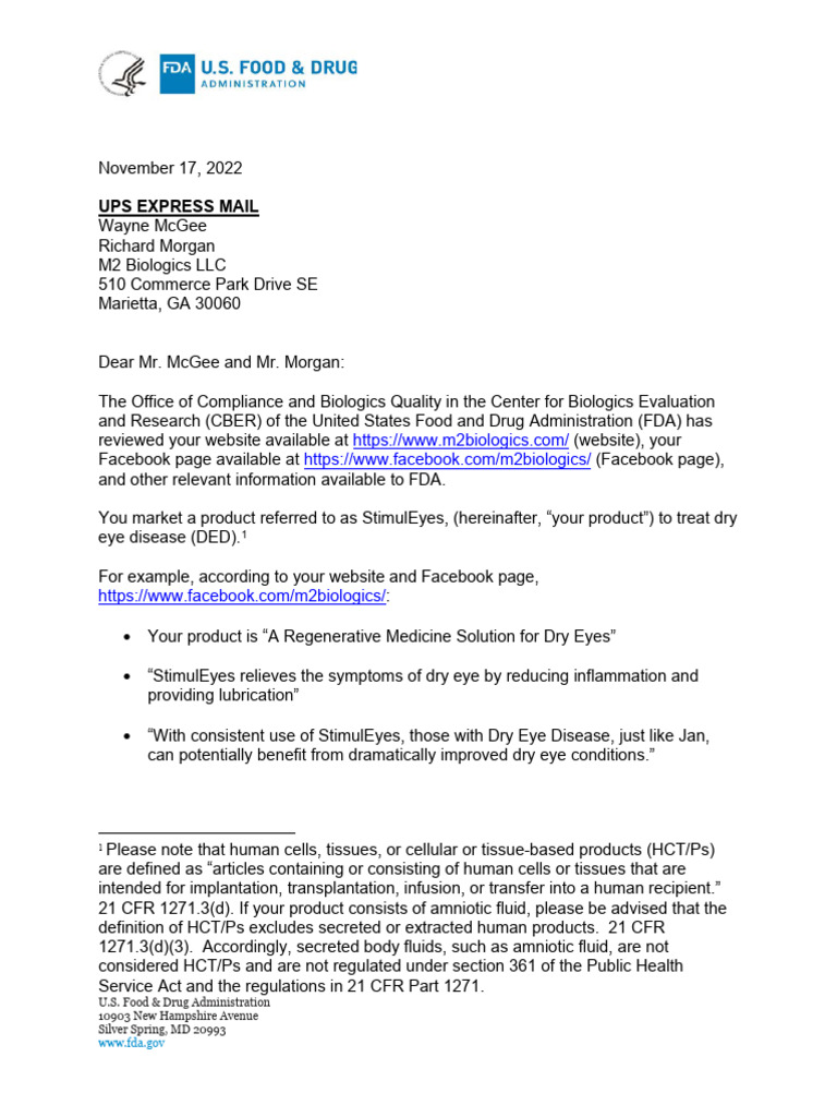 M2 Biologics, M2 Biologics Food and Drug Administration (FDA) Letter ...