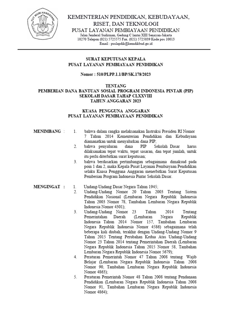 SK Pip SD Tahap 178 Tahun 2023 | PDF