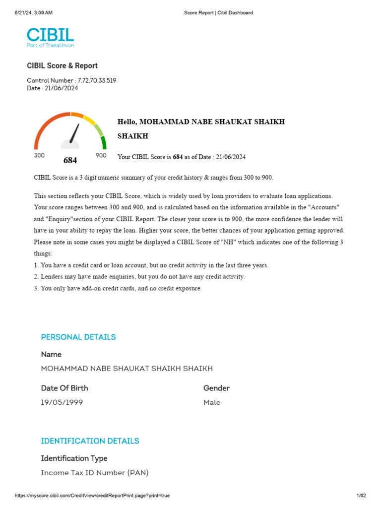 Score Report _ Cibil Dashboard | Download Free PDF | Finance & Money ...