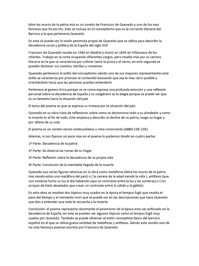 Quevedo: Decadencia en "Mire los muros" | PDF | Sonetos
