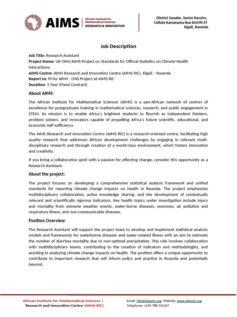 Research Assistant Position at AIMS-RIC | PDF | Science | Data