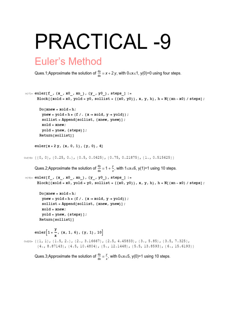 Euler Method Practical Pdf Differential Equations Equations