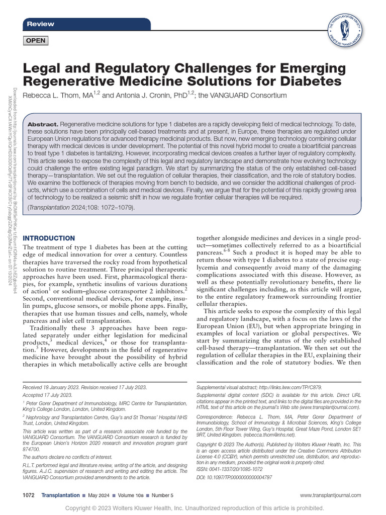 Legal and Regulatory Challenges For Emerging Regenerative Medicine ...