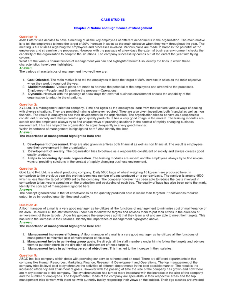 NATURE AND SIGNIFICANCE OF MANAGEMENT (Case Study) | PDF | Science ...