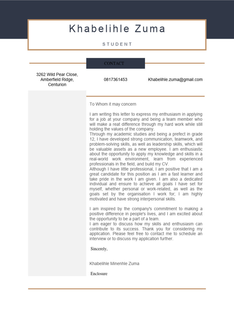 Khabelihle Zuma Cover Letter | PDF | Career & Growth | Business