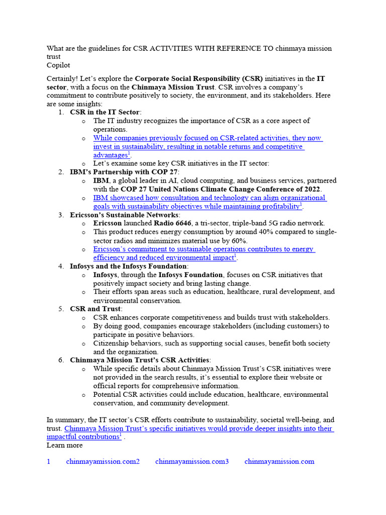 What Are The Guidelines For CSR ACTIVITIES WITH REFERENCE To Chinmaya ...