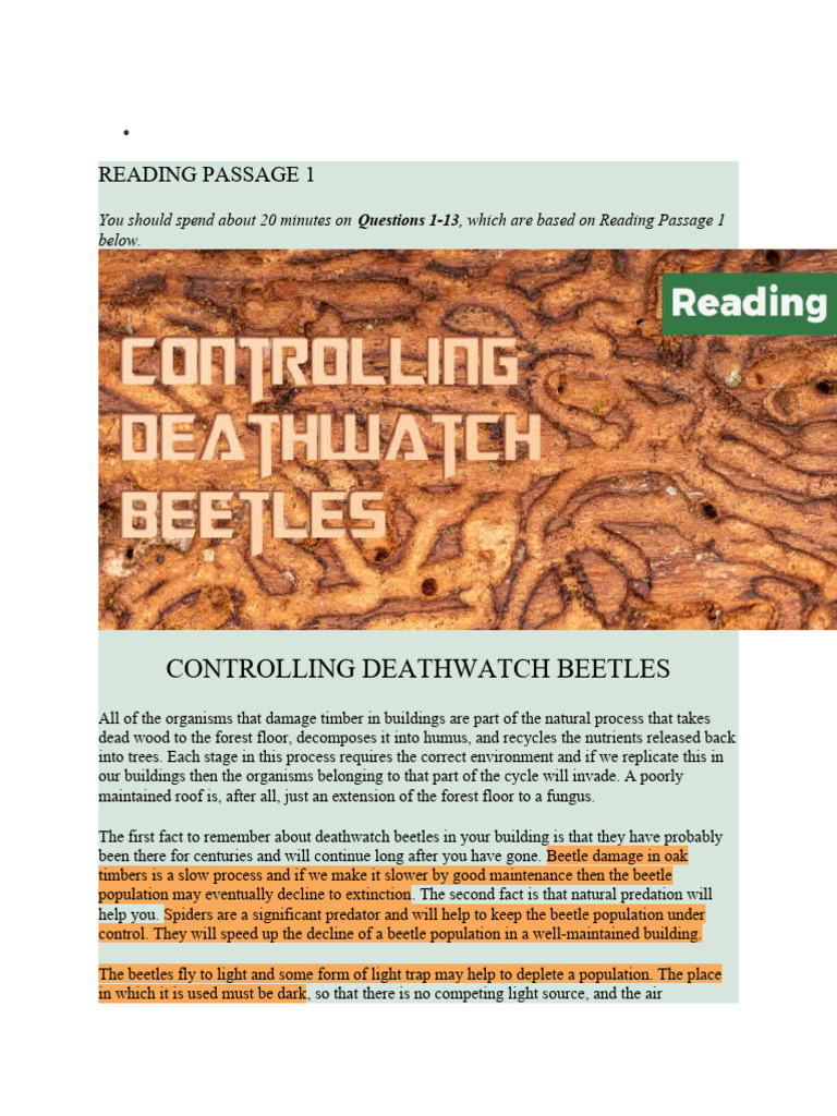 Reading Passage 1: Controlling Deathwatch Beetles | PDF | Beetle | Wood
