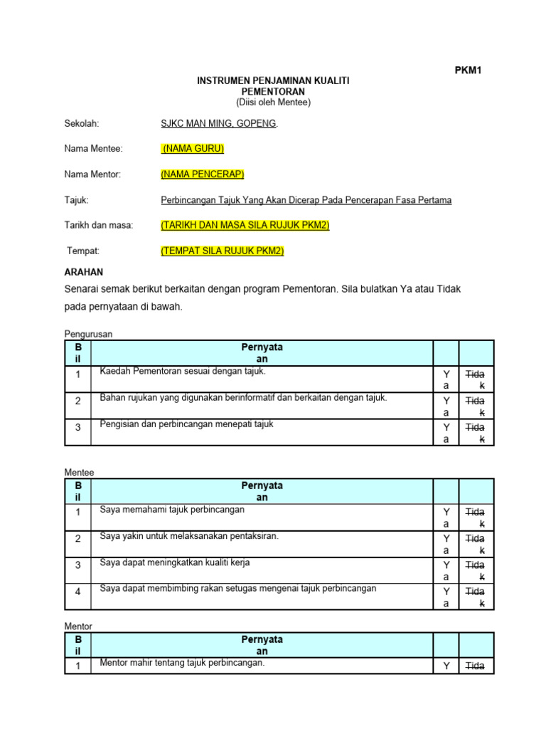 Borang Penjaminan Kualiti_Pementoran_PKM1 | PDF