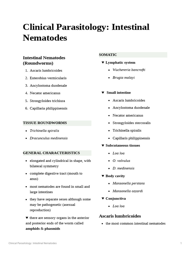 Intestinal Nematodes Overview | PDF | Nematode | Parasitology