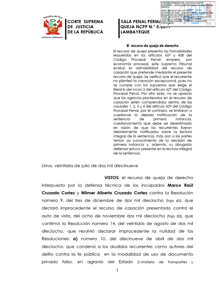 RQ - 5-2019 - Agravios Casacion Referidos A Causales Art. 429 CPP | PDF | Sentencia (ley ...