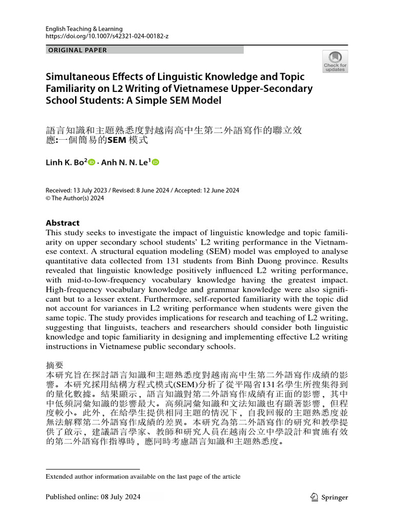 Simultaneous Effects of Linguistic Knowledge and Topic Familiarity On L2 Writing of Vietnamese ...