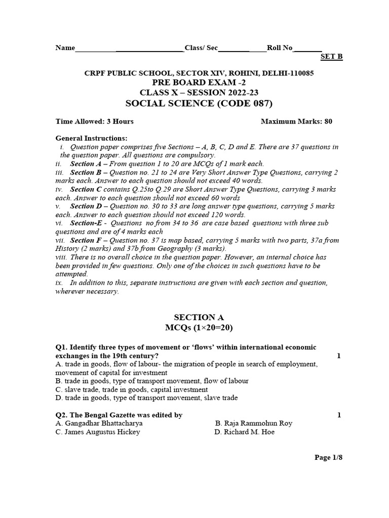Class X Social Science Pre Board - 2 2022-23 (225 Copies) | PDF ...