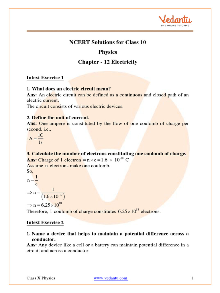 NCERT Solutions For Class 10 Science Chapter 12 - Electricity - . | PDF ...