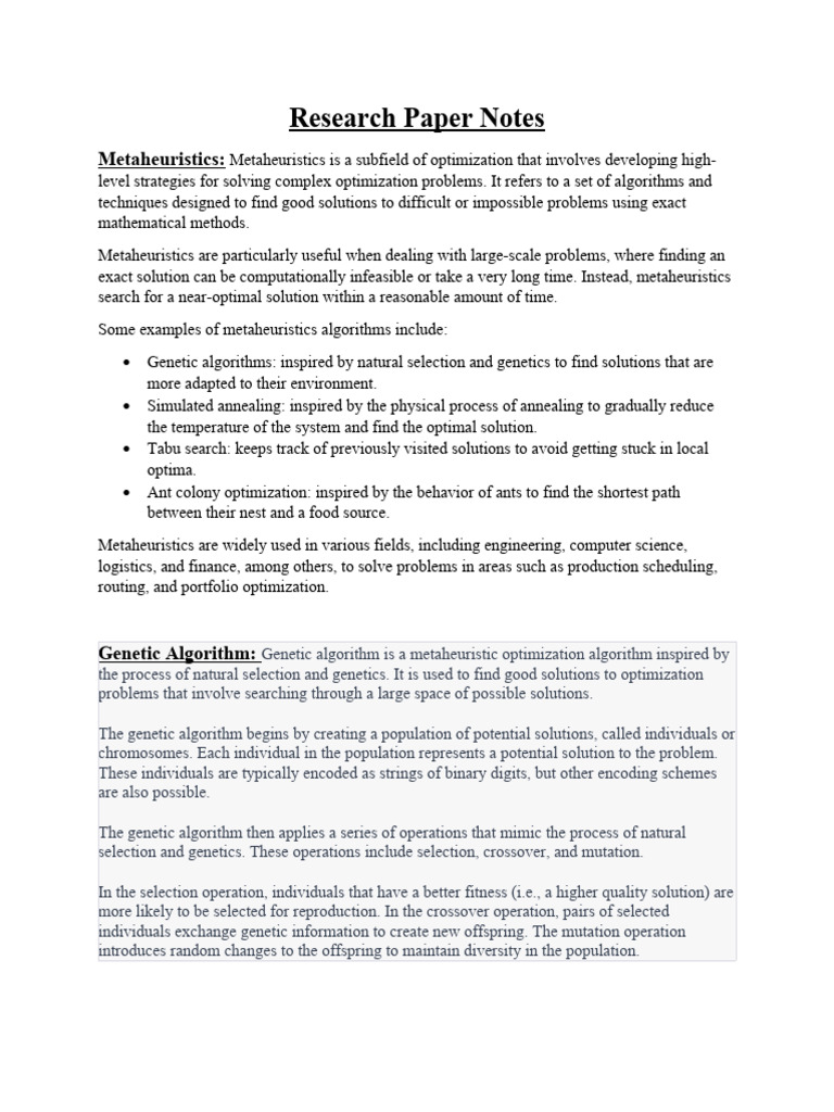 Research Paper Notes | PDF | Metaheuristic | Mathematical Optimization