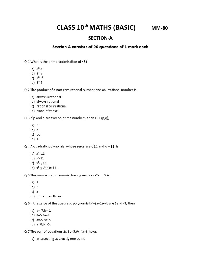 CLASS 10th MATHS (Basic) HALF YEARLY 2024 | PDF | Triangle | Numbers