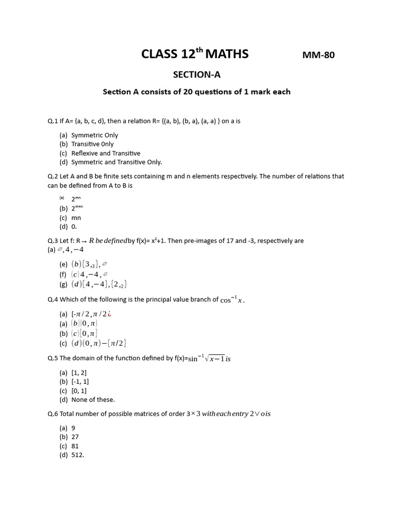 Class 12th Maths Half Yearly 2024-25 | PDF | Function (Mathematics) | Mathematics