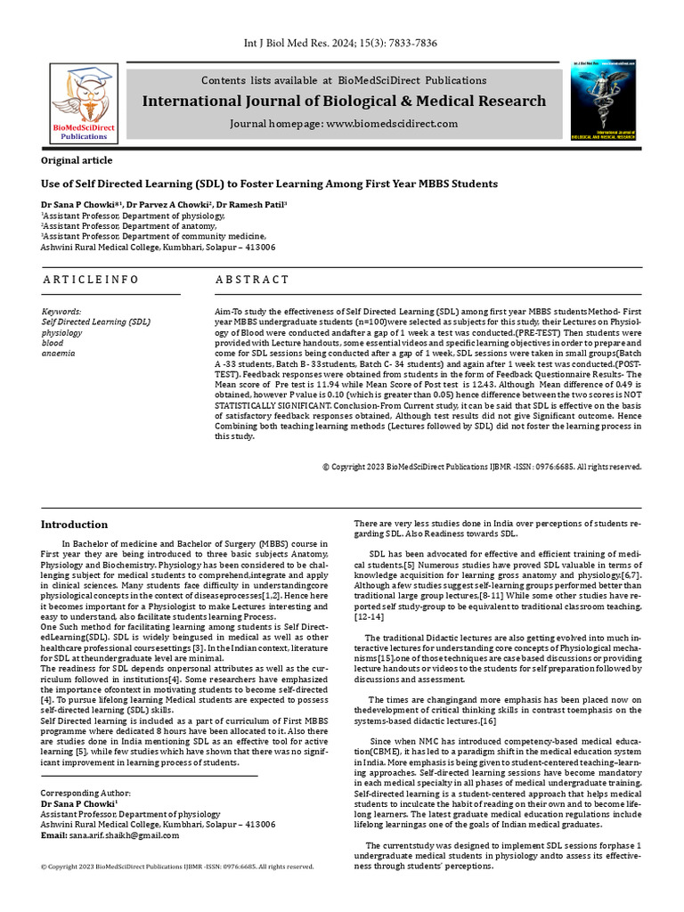 Use of Self Directed Learning (SDL) To Foster Learning Among First Year ...