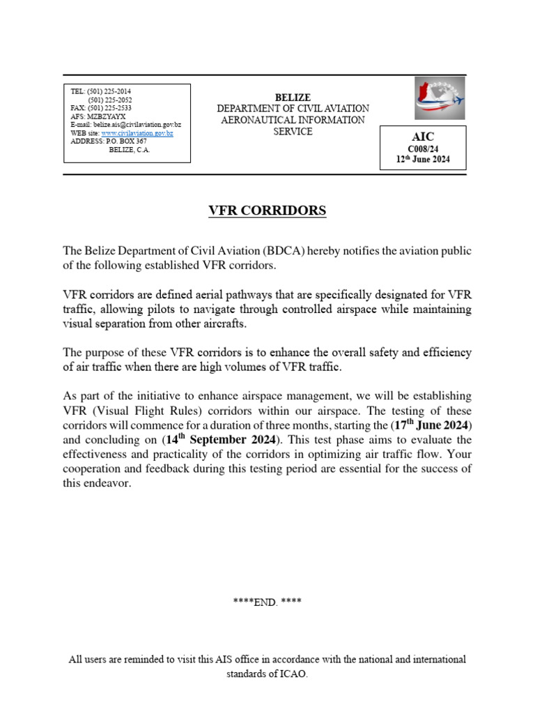 AIC C008-24 VFR Corridors | PDF | Visual Flight Rules | Air Traffic Control