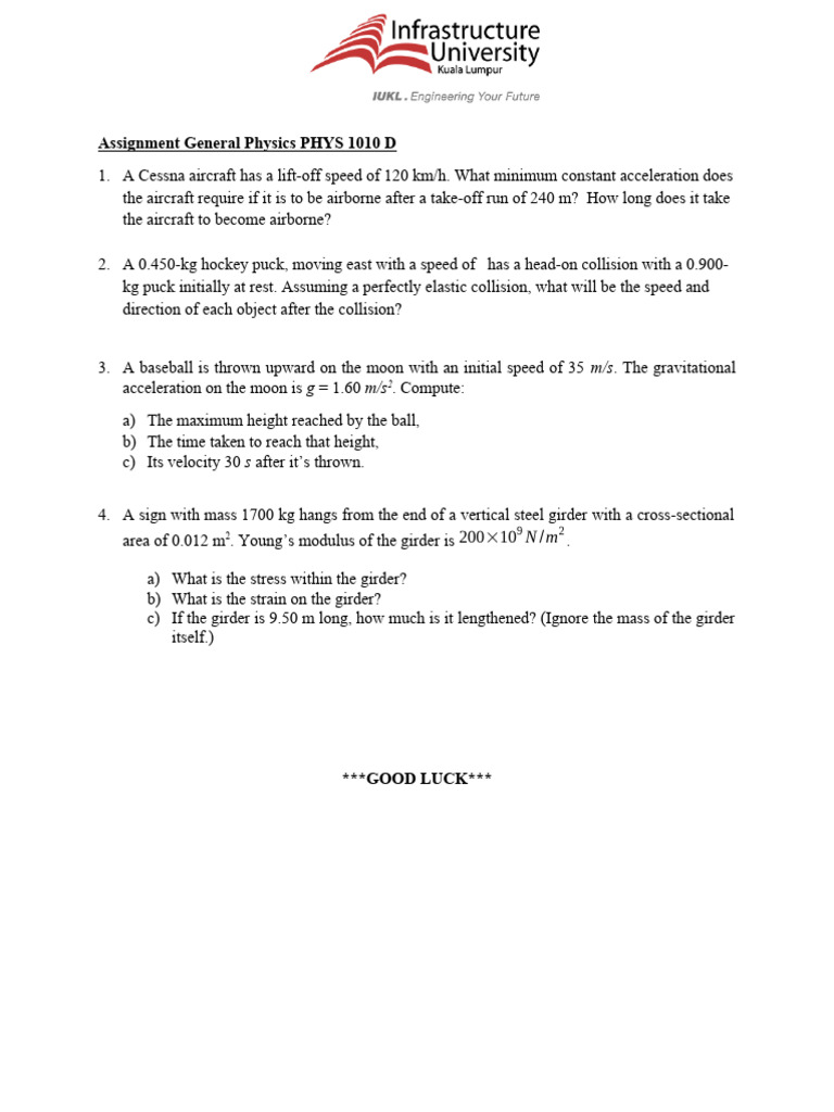 Assignment General Physics PHYS 1010D M2024 | PDF