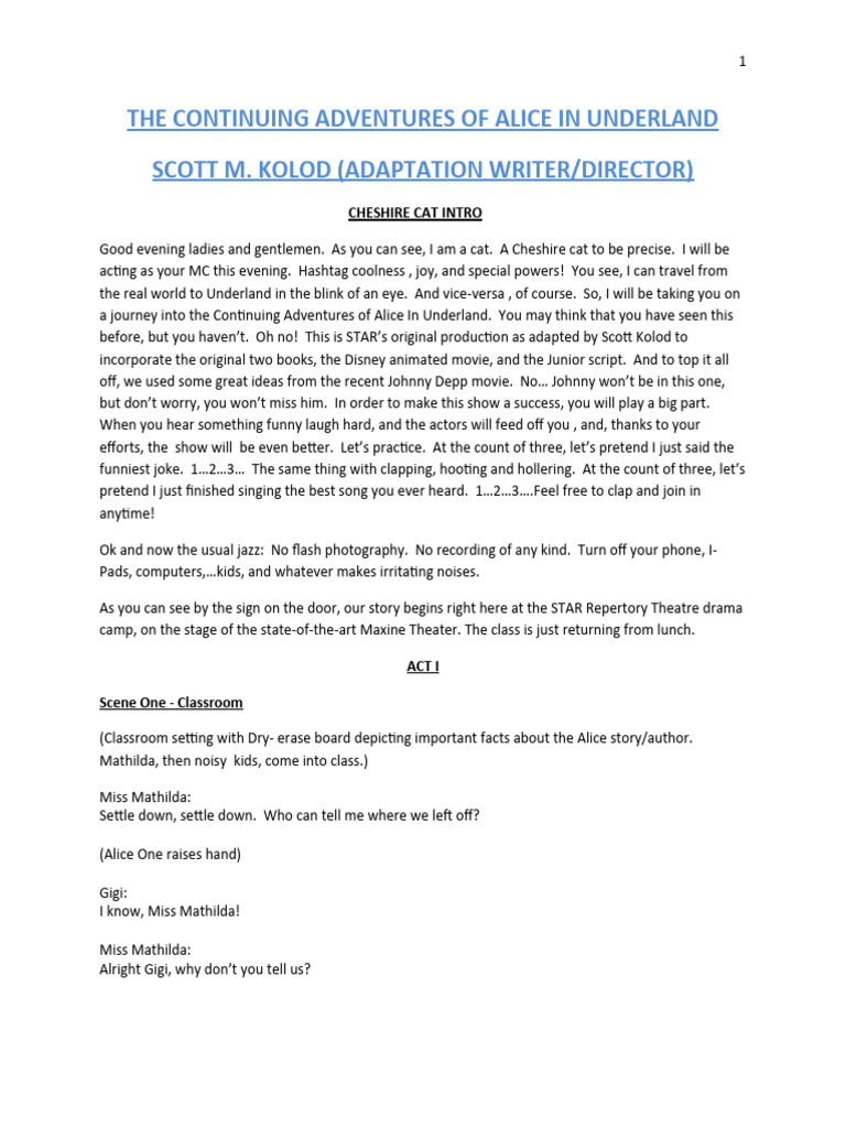 Alice in Underland Script | PDF | Alice's Adventures In Wonderland | Lewis Carroll