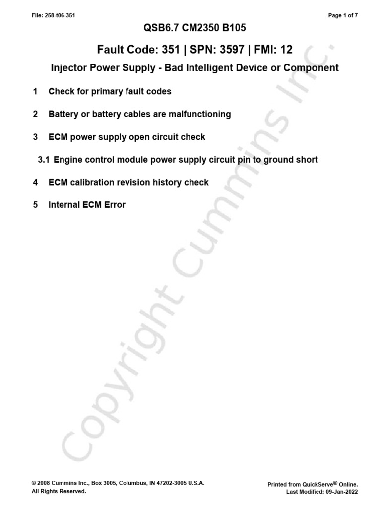 Fault Code: 351 - SPN: 3597 - FMI: 12: QSB6.7 CM2350 B105 | PDF ...