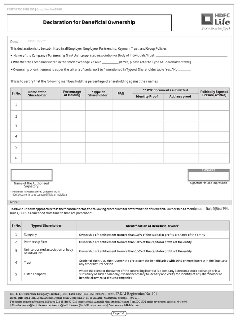 Declaration For Beneficial Ownership | PDF | Financial Services | Business