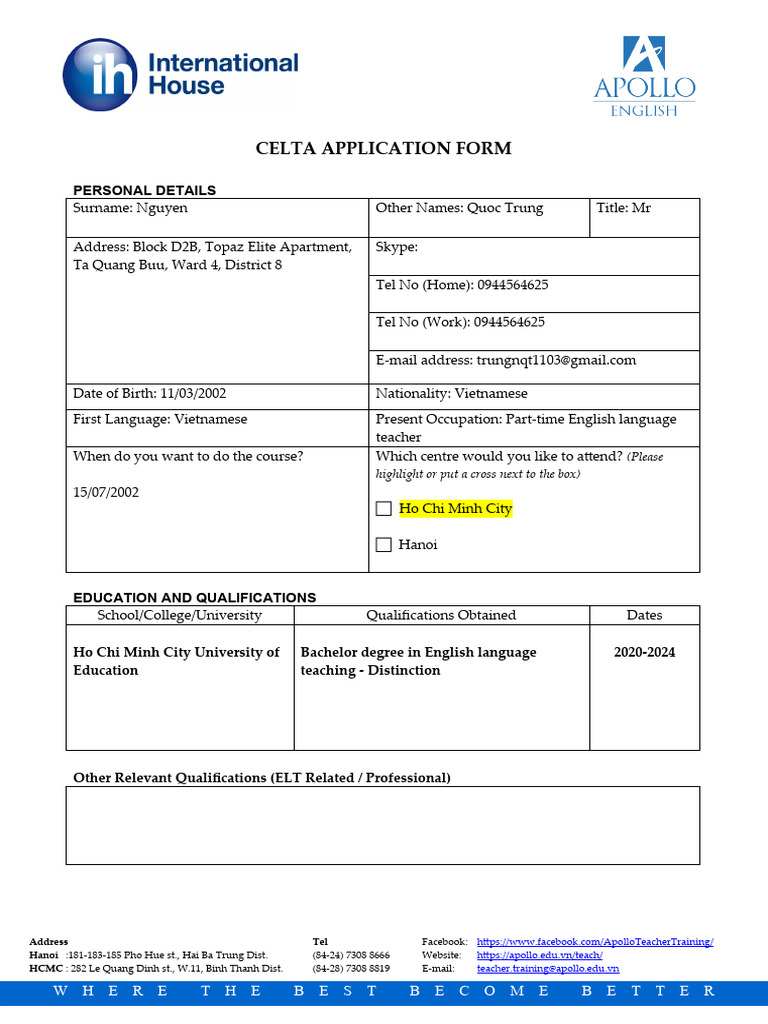 CELTA Application form | PDF | Hanoi | Cognition