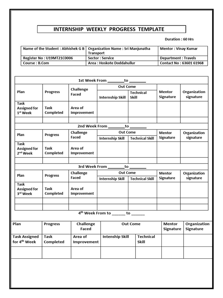 INTERNSHIP WEEKLY PROGRESS TEMPLATE - Veena V C-1 | PDF