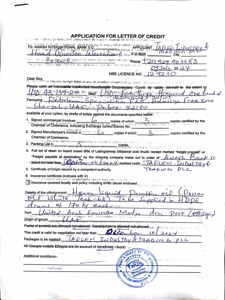 LC Application 43K | PDF | Payments | Business