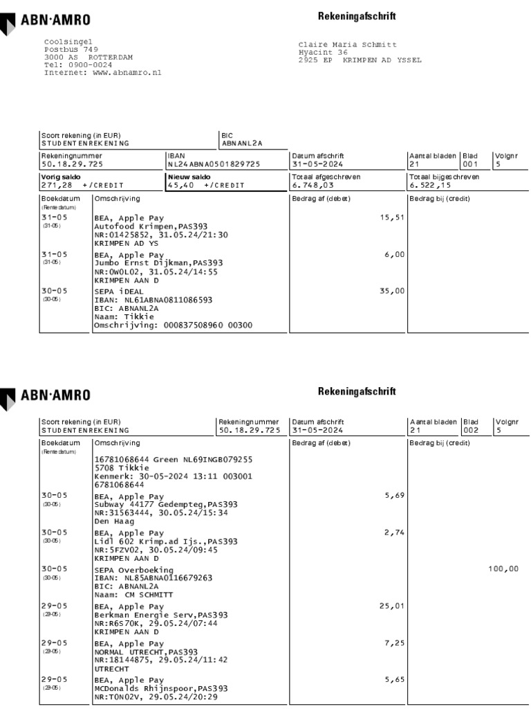 Rekeningafschrift Rekeningafschrift-Volgnr20240005 | PDF