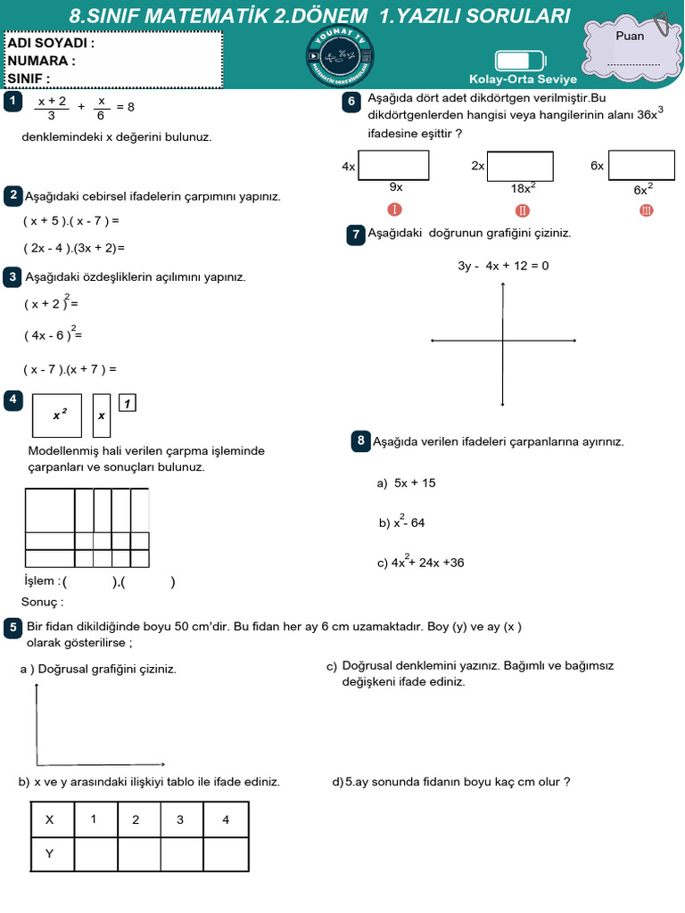 8 Sinif Matematik 2 Dnem 1 Yazili - 240322 - 215332 | PDF
