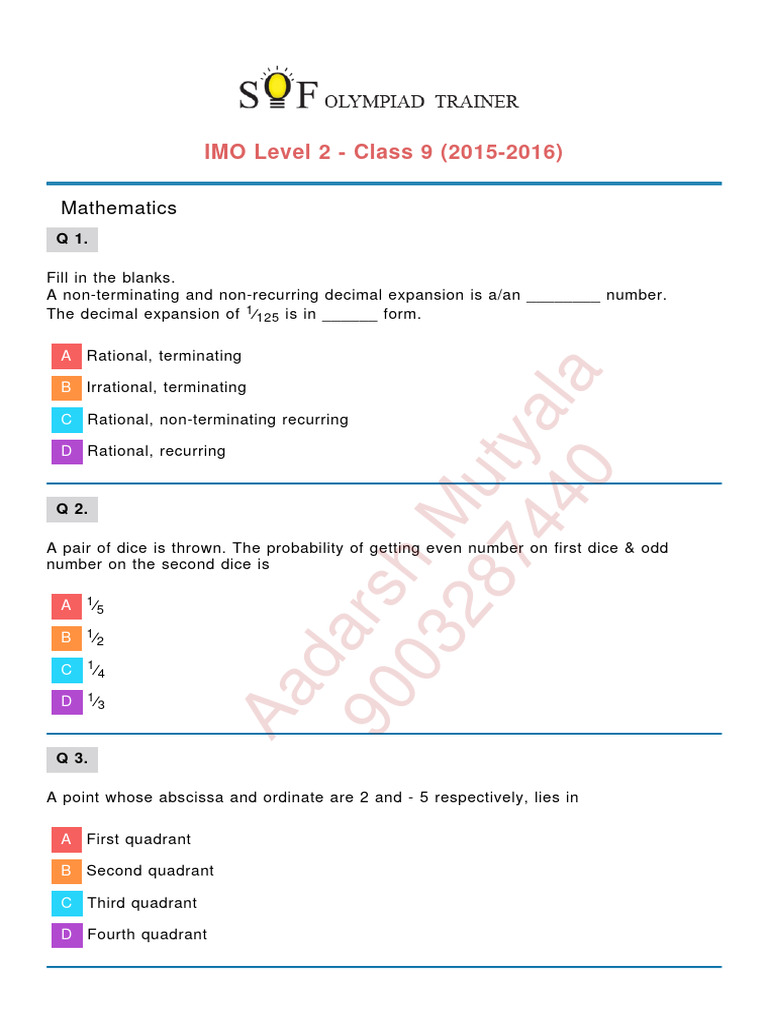 IMO Level 2 - Class 9 (2015-2016) | PDF | Area | Circle