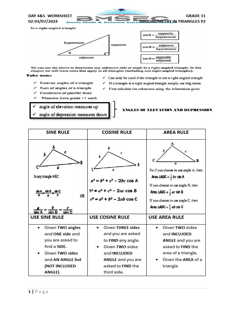 SINE,COSINE,AREA RULE GR11 BMSEC WORKSHEET DAY 4&5_103607 | PDF