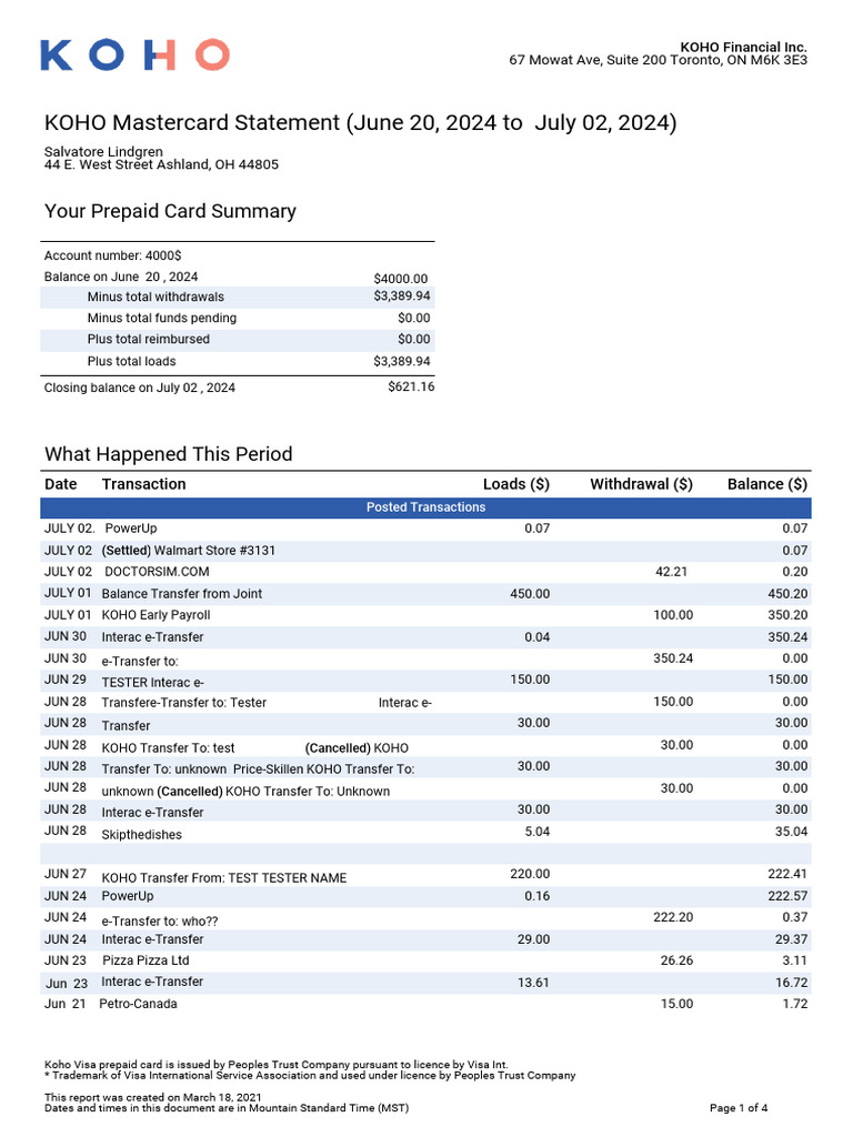 KOHO Prepaid Card Statement Summary | PDF | Debit Card | Visa Inc.