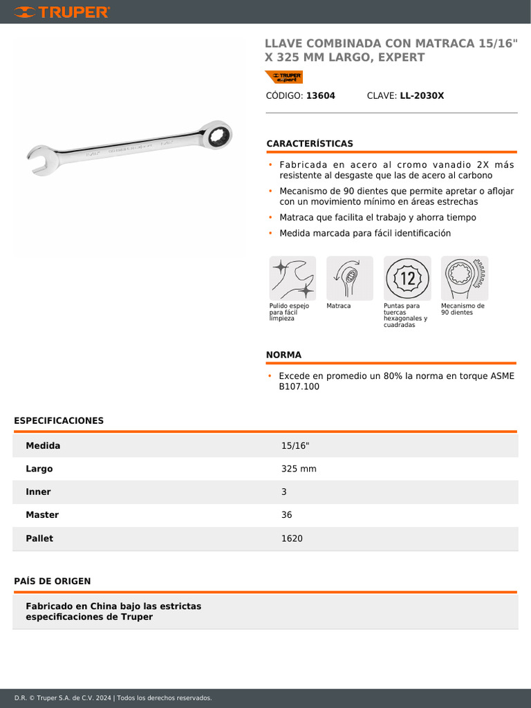 Llave Combinada Con Matraca 15/16" X 325 MM Largo, Expert: Características | PDF