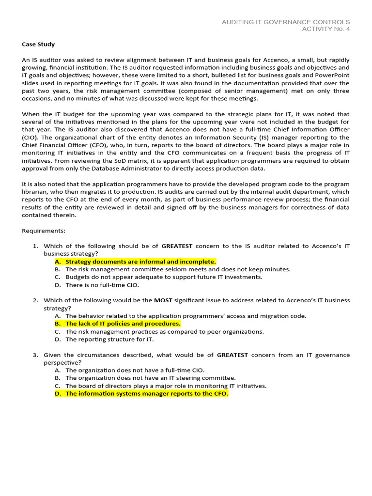 Activity 4 - Auditing IT Governance Control | PDF | Internal Audit | Governance