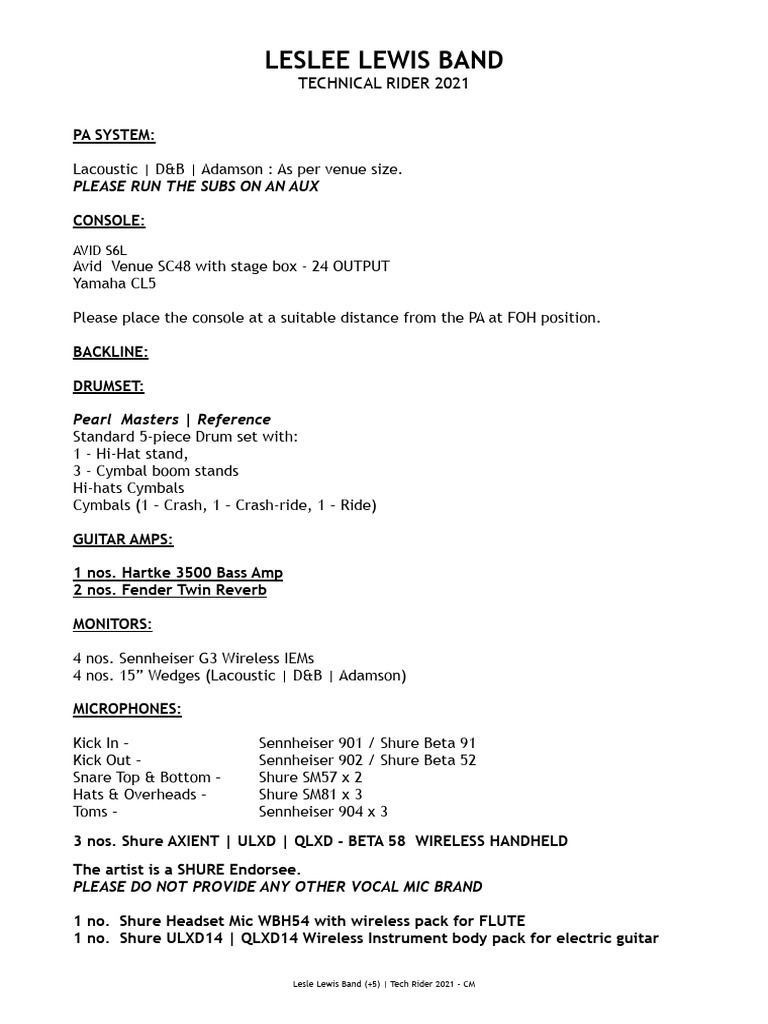 Leslee Lewis +5 - Tech Rider 2021 | PDF | Drum Kit | Sound Technology