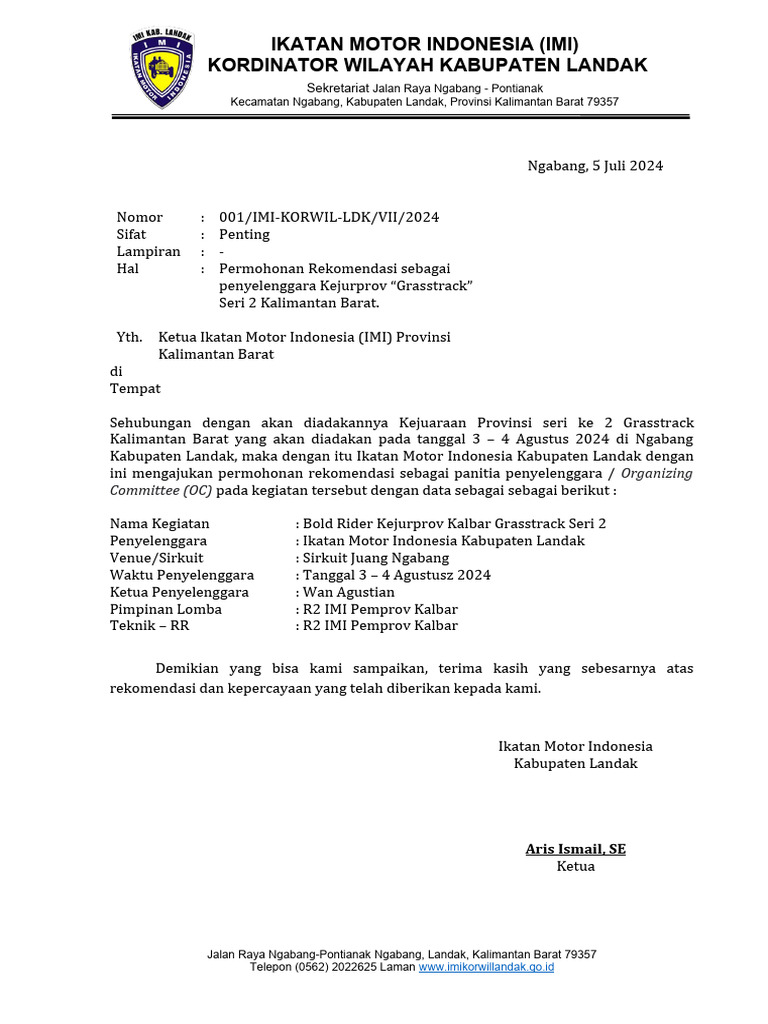 Surat Permohonan Rekomendasi Imi Prov | PDF