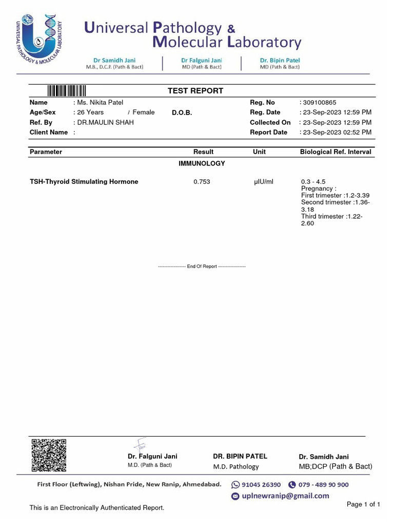 Test Report: D.O.B. Reg. Date /: Name: Reg. No: Age/Sex: 26 Years | PDF ...