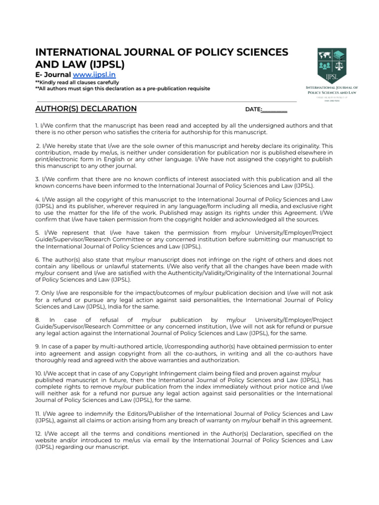 Author(s) Declaration IJPSL | PDF | Copyright | Freedom Of Expression Law