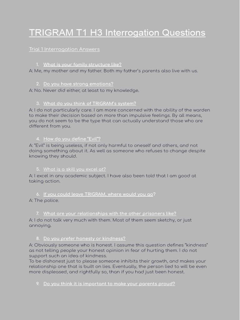 TRIGRAM T1 H3 Interrogation Questions | PDF | Behavioural Sciences | Psychology