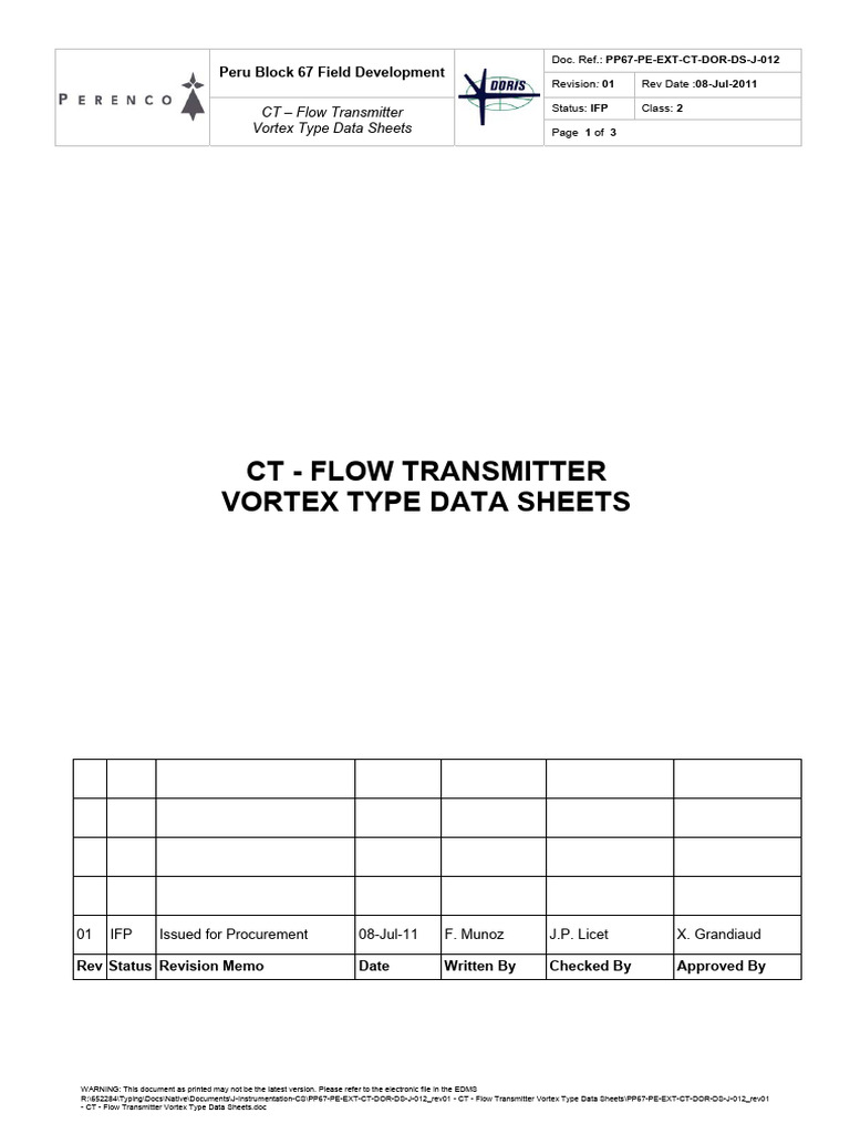 PP67-PE-EXT-CT-DOR-DS-J-012 - Rev01 - CT - Flow Transmitter Vortex Type Data Sheets | PDF | Flow ...