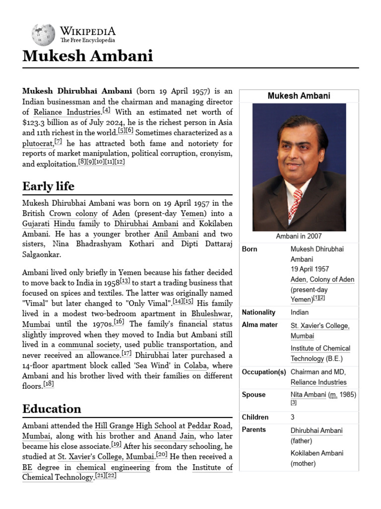 Mukesh Ambani - Wikipedia | PDF