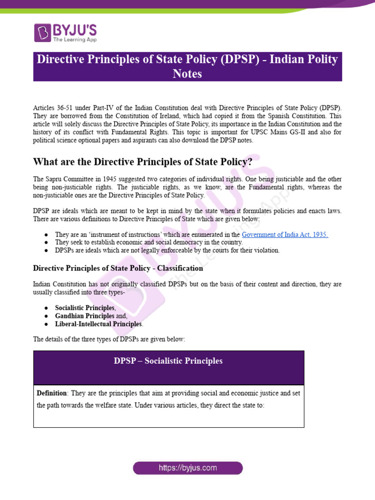 Directive Principles of State Policy DPSP Indian Polity Notes | PDF ...
